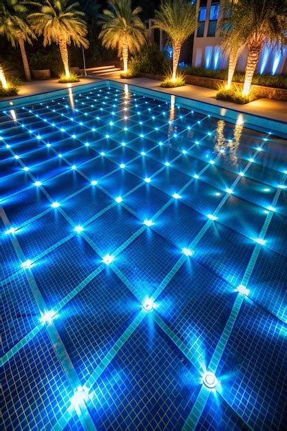 Top View Of Glowing Lights Reflecting On Water Surface In Swimming Pool