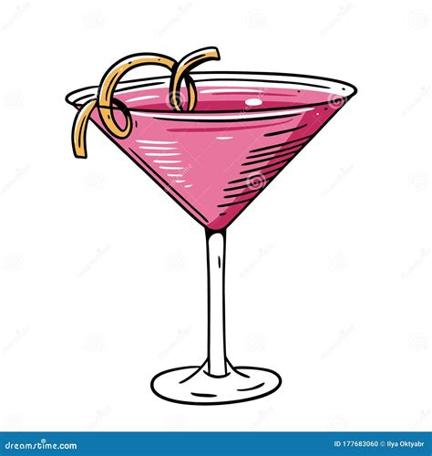 Alcohol Pink Cocktail Hand Drawn Flat Style Cartoon Vector