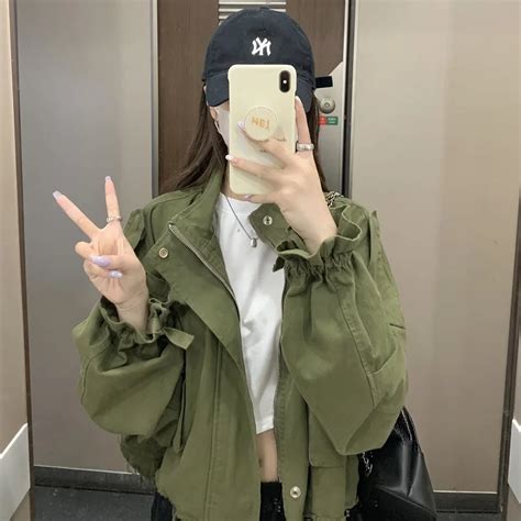 아메리칸 스타일 빈티지 긴 소매 짧은 가디건 작업복 트렌치 코트 여성용 큰 사이즈 지방 자매 스탠드 칼라 데님 탑 가을