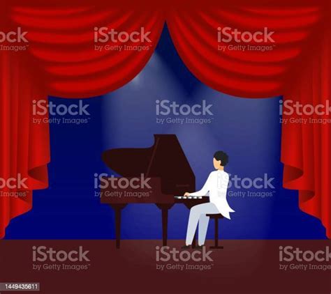 피아노 남자 무대 극장 전문가 플레이어 성능 음악가 놀이 사운드 클래식 디자인 만화 스타일의 벡터 일러스트레이션
