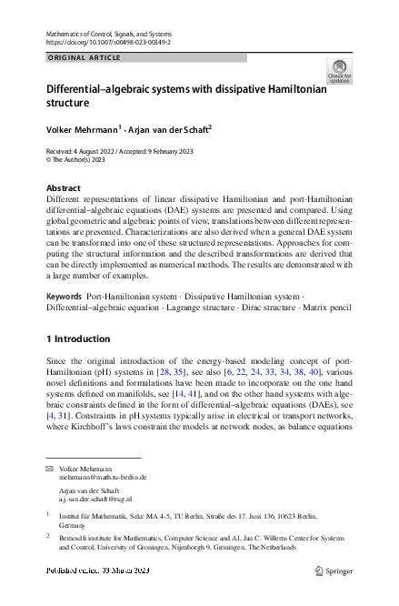Pdf Differentialalgebraic Systems With Dissipative Hamiltonian Structure