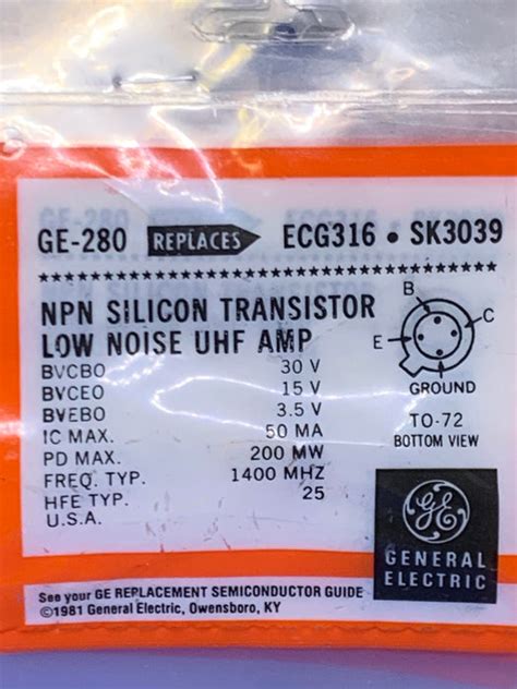 Ge 280 Npn Silicon Transistor Low Noise Uhf Amp Replaces Ecg316 Sk30