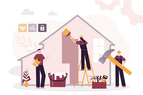 집의 수리 또는 재건축 다양한 수리 도구를 갖춘 수리공 팀 집 수리를 하는 재주꾼 그룹 제복을 입은 건축업자들이 내부에서 일하고