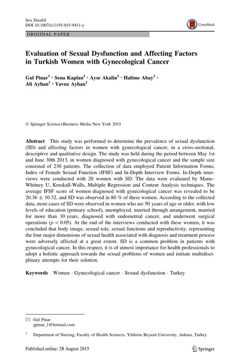 PDF Evaluation Of Sexual Dysfunction And Affecting Factors In Turkish Women With Gynecological