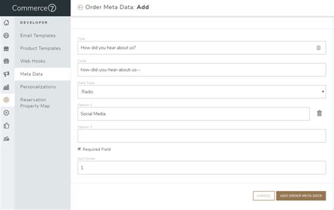 creating custom attributes meta data for an order