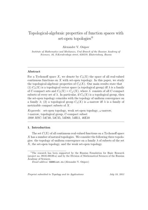 Pdf Topological Algebraic Properties Of Function Spaces With Set Open Topologies