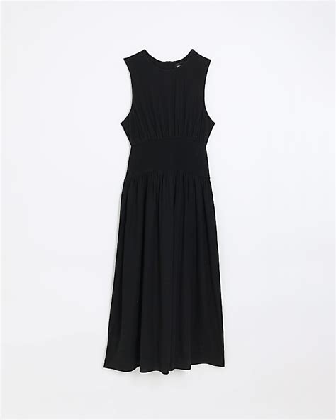 Black Midi Dress With Linen River Island