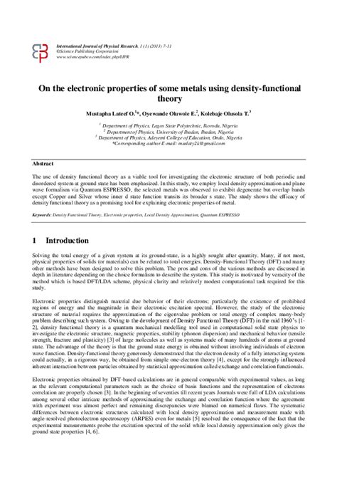 Pdf On The Electronic Properties Of Some Metals Using Density