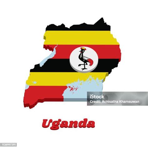 3d 지도 개요 및 우간다의 국기 블랙 노란색과 빨간색의 수평 밴드 흰색 디스크는 국가 상징 회색 왕관 크레인을 묘사 합니다 0명에 대한 스톡 벡터 아트 및 기타 이미지