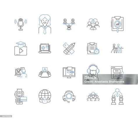 회사 클래스 라인 아이콘 컬렉션입니다 전문성 에티켓 리더십 의사 소통 효율성 책임 무결성 벡터 및 선형 그림 우수성 협업 전략