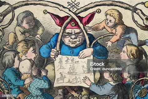 어릿광대 모자를 쓰고 아이들에게 그림을 보여주는 그놈 빈티지 일러스트 19 세기 뮌헨 빌더 보겐 19세기에 대한 스톡 벡터 아트 및 기타 이미지 Istock