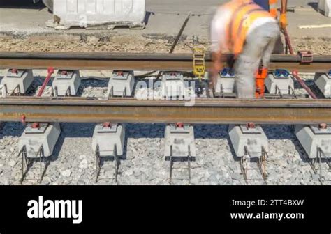 Repair Works On The Street Timelapse Laying Of New Tram Rails On A City Street Installation Of