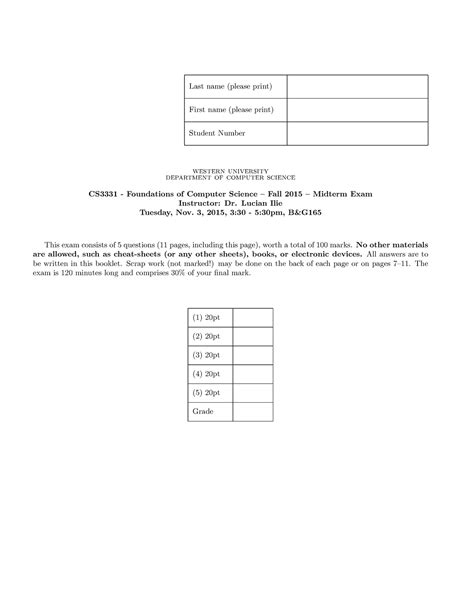 Midterm Sample Last Name Please Print First Name Please Print Babe Number Department Of