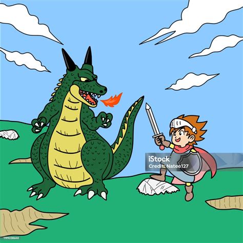 녹색 용과 싸우는 칼과 방패와 전사 기사의 비디오 게임 캐릭터 아이들의 판타지 모험 상상력을위한 만화 벡터 그림입니다 싸우기에
