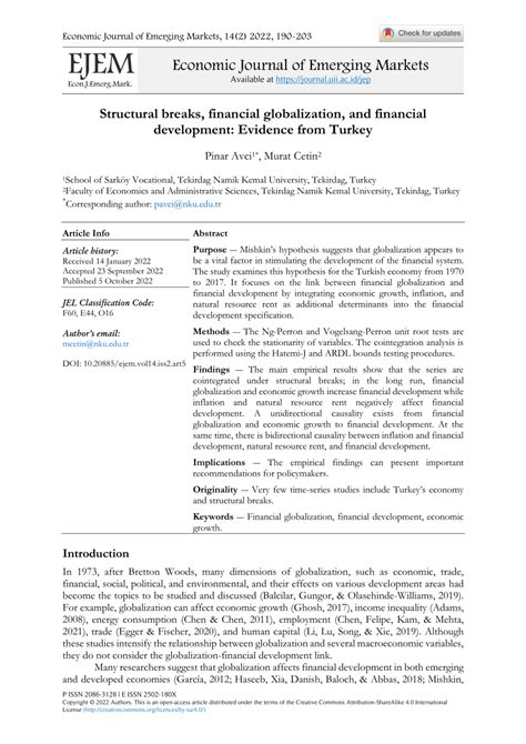 Pdf Structural Breaks Financial Globalization And Financial Development Evidence From Turkey