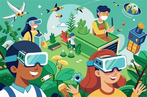 Premium Vector Students Exploring Ecosystems And Biodiversity With Vr