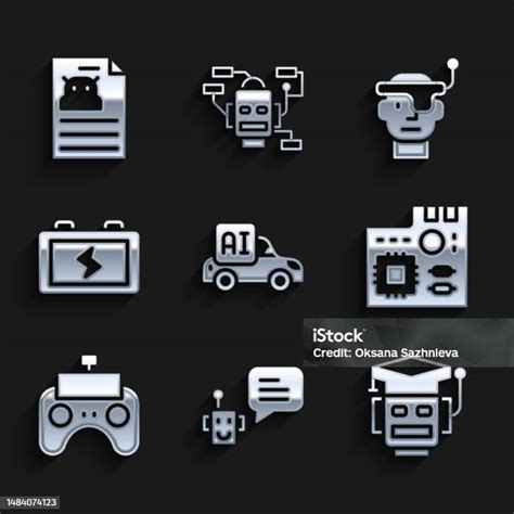 자율 스마트 자동차 봇 로봇 마더보드 디지털 칩 리모콘 배터리 스마트 안경 및 기술 사양 아이콘을 설정합니다 벡터 Cpu에 대한