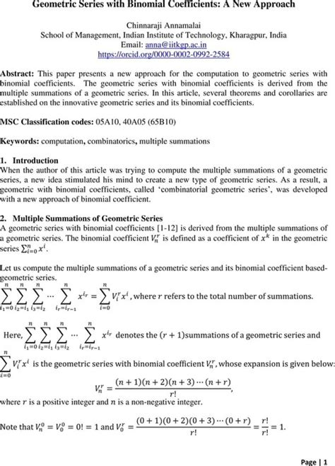 Geometric Series With Binomial Coefficients A New Approach