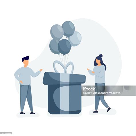 남자와 여자 생일 파티 생일을 축하하는 커플 풍선이 있는 큰 선물 상자 근처에 서 있다 가족에 대한 스톡 벡터 아트 및 기타