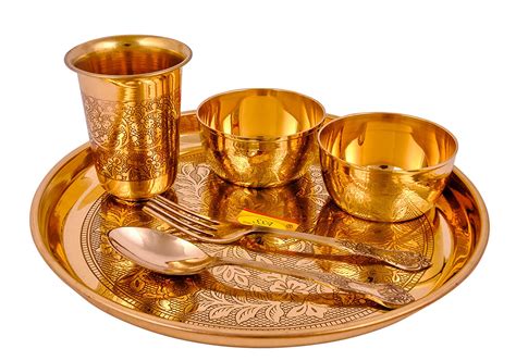 Pure Brass Thali Set Dinner Set Engraved Flowers Design 6 Pieces Shiv Shakti Arts