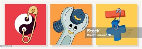 그루비 히피 스타일 스티커 재미 있고 친절한 삽화가있는 긍정적 인 만화 카드 트렌디 한 복고풍 디자인 60 년대 70 년대 80 년대 벡터 엽서 아이디어에 대한 스톡 벡터