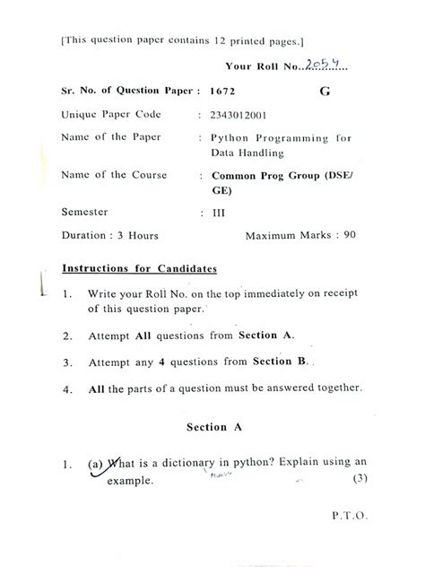 Python Programming For Data Handling Pyq Pdf