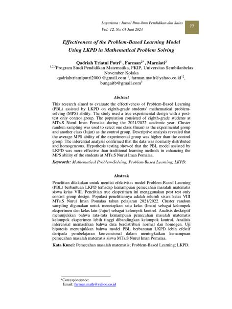 Effectiveness Of The Problem Based Learning Model Using Lkpd In Mathematical Problem Solving