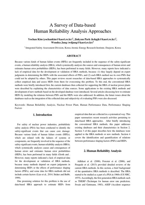 Pdf A Survey Of Data Based Human Reliability Analysis Approaches