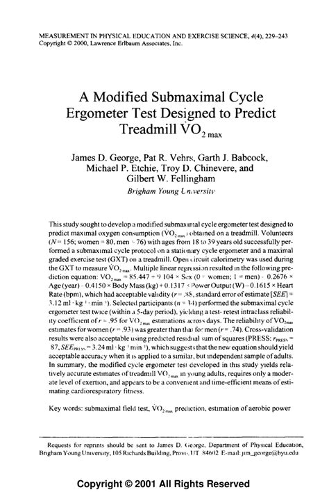 Pdf A Modified Submaximal Cycle Ergometer Test Designed To Predict
