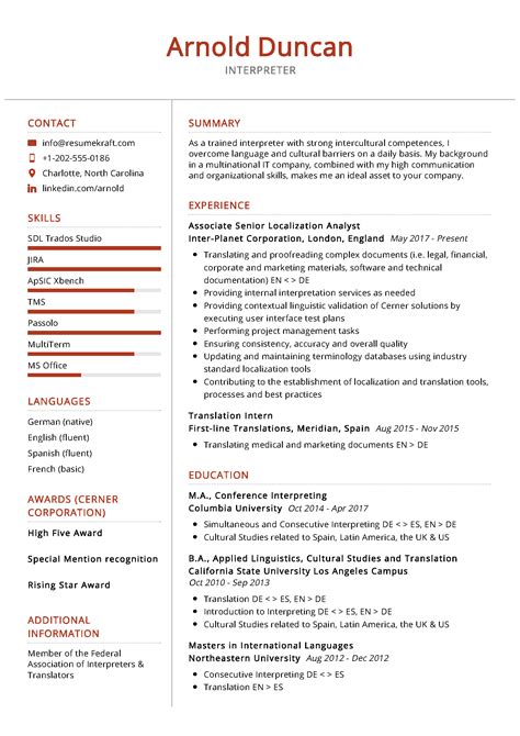 Interpreter Resume Sample In 2025 Resumekraft