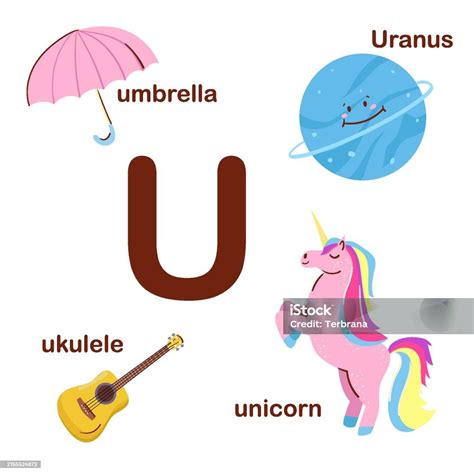 유치원 영어 알파벳 U 문자 유니콘 우산 우쿨렐레 천왕성 화려한 스타일의 알파벳 디자인 어린이를 위한 교육 포스터입니다 놀고 배우세요 0명에 대한 스톡 벡터 아트 및 기타