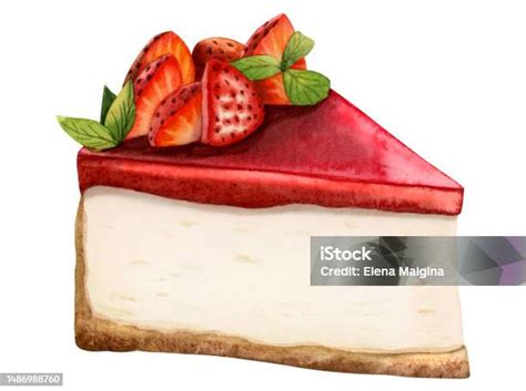 수채화 딸기 치즈케이크 디저트 그림은 흰색 배경에 분리되어 있다 빨간 열매와 녹색 민트 잎 클립 아트와 맛있는 삼각형 케이크 조각 빵집에 대한 스톡 벡터 아트 및 기타