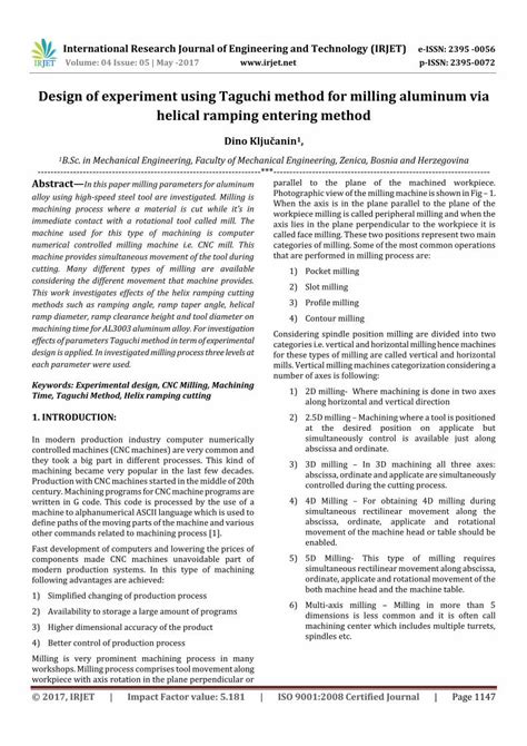 Pdf Design Of Experiment Using Taguchi Method For Milling Design Of Experiment Using