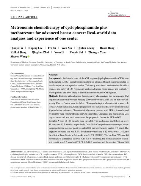 Pdf Metronomic Chemotherapy Of Cyclophosphamide Plus Methotrexate For Advanced Breast Cancer