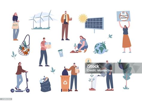 친환경 캐릭터 태양 에너지 패널을 사용하여 자연을 보호하는 사람들 쓰레기를 수거하고 분류하는 사람 환경 킥 벡터 장면 저장 개념에 대한 스톡 벡터 아트 및 기타 이미지
