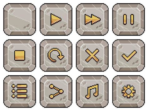 Pixel Art Stone Buttons For Game And App Interface Vector Icon For Bit Game On White Background