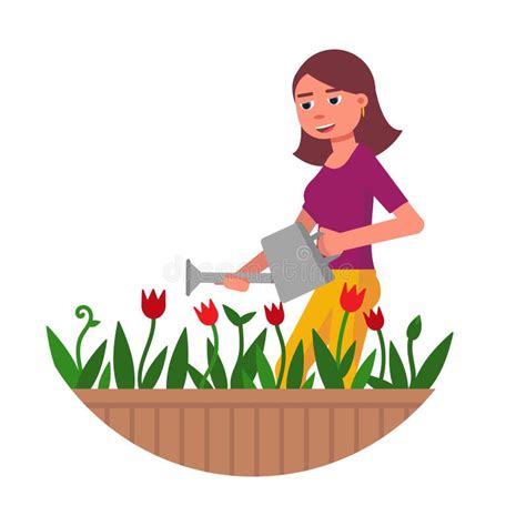 笑得开心的年轻女人，在花园前的山上浇花 种植植物的女孩 向量例证 插画 包括有 花匠 女孩 192251791