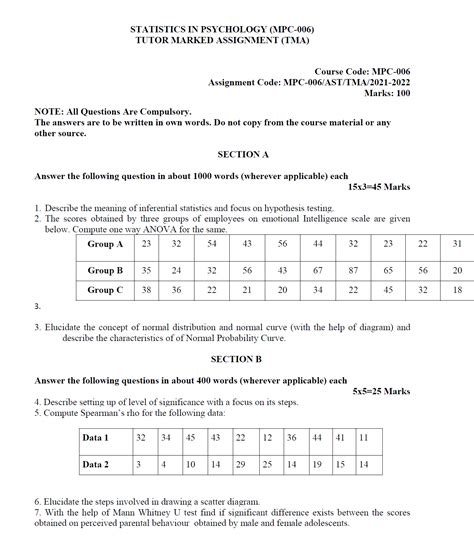 IGNOU M A Psychology 1st Year MPC006 STATISTICS IN PSYCHOLOGY Assignment Question Paper 2021