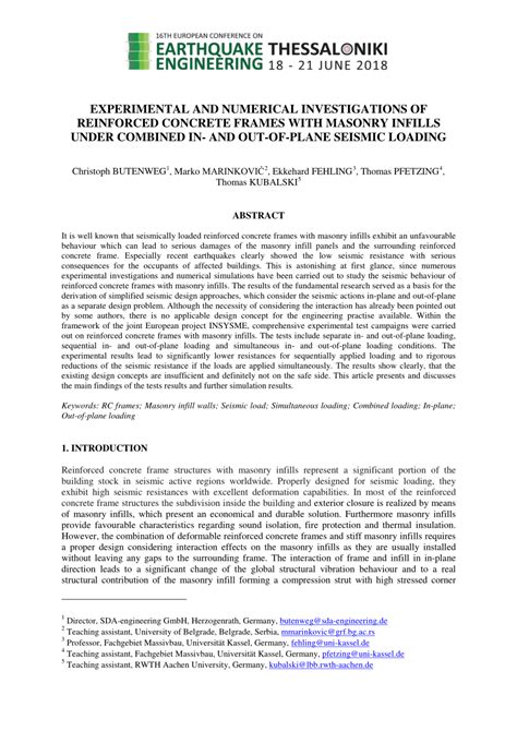 Pdf Experimental And Numerical Investigations Of Reinforced Concrete Frames With Masonry
