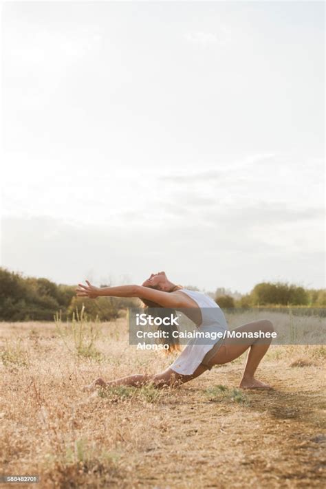 햇볕이 잘 드는 시골 밭에서 높은 초승달 런지 요가 포즈를 취하는 보호 여성 2015년에 대한 스톡 사진 및 기타 이미지 2015년 30 34세 30 39세 Istock