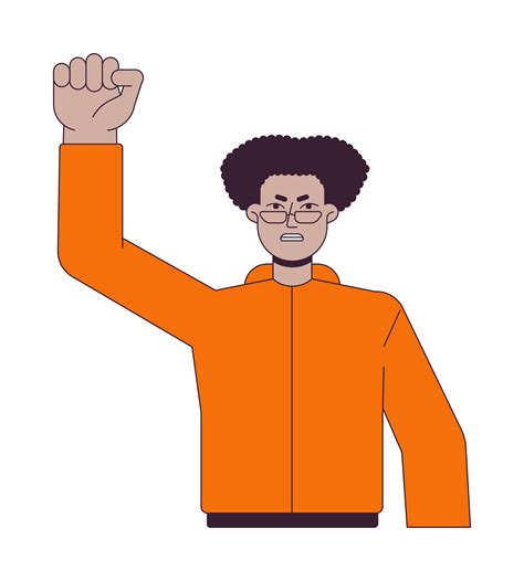 Angry Man Flat Line Color Vector Character Raising Hand Up Man Protesting Clenching Fist