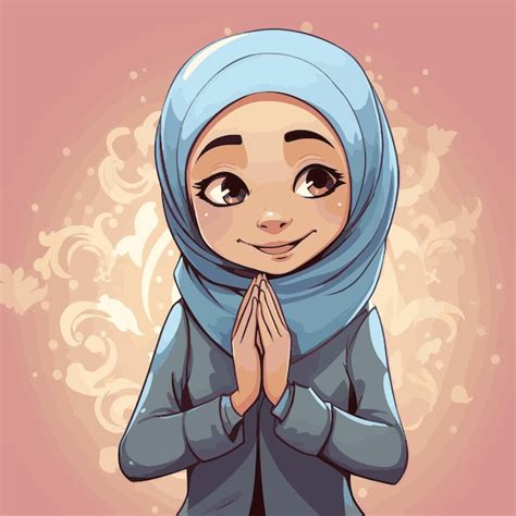 Charmosa Garota De Desenho Animado Em Hijab Cumprimentando Com Namaste Vetor Premium
