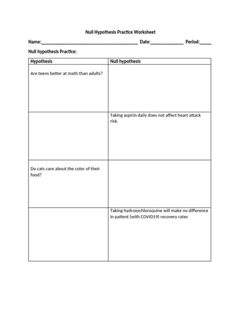Null Hypothesis Practice Worksheet Pdf