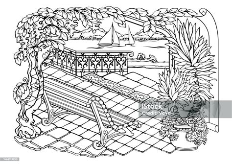 낭만적 인 비밀 정원 색칠하기 강 벤치 나무 벡터 그림입니다 색칠하기에 대한 스톡 벡터 아트 및 기타 이미지 색칠하기 벤치 여행 주제 Istock