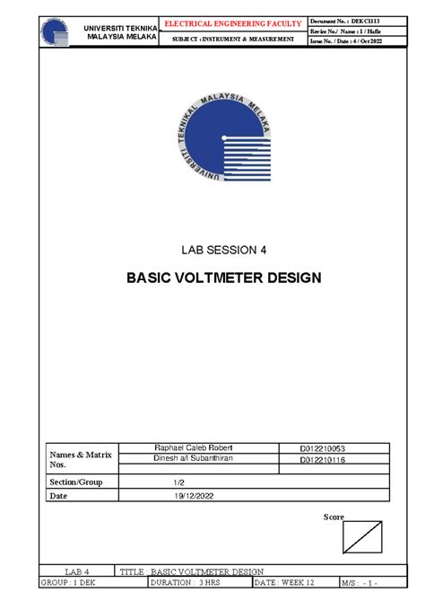 Lab Report Experiment 4 Basic Voltmeter Design Electrical Engineering
