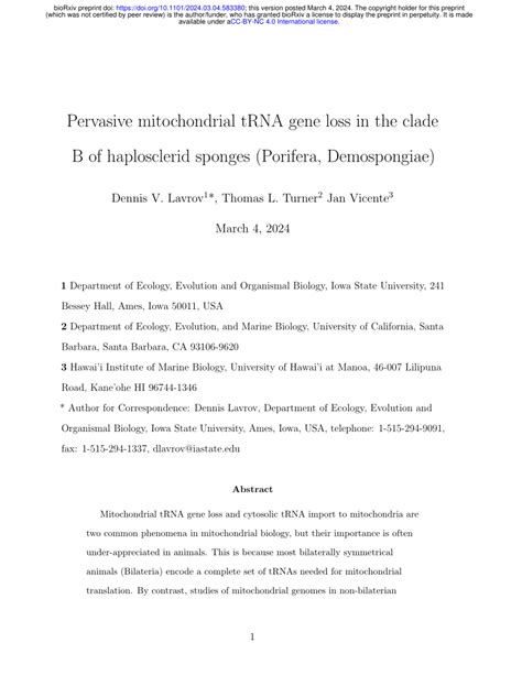 Pdf Pervasive Mitochondrial Trna Gene Loss In The Clade B Of