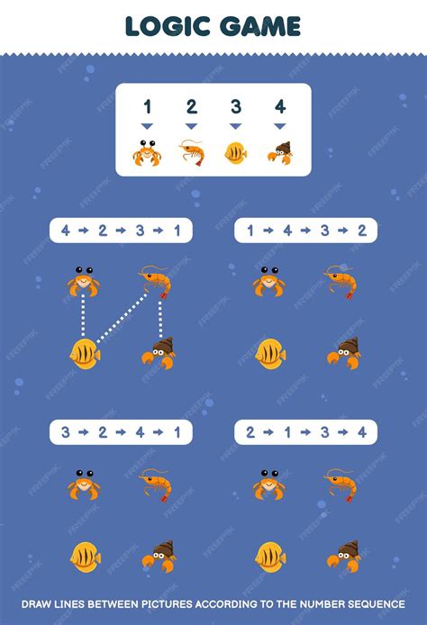 귀여운 만화 게 새우 물고기 소라게 그림 인쇄 가능한 수중 워크시트의 번호 순서에 따라 어린이를 위한 교육 게임 그리기 라인 프리미엄 벡터