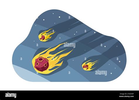 Meteorites Flying In Starry Night Sky Meteor Stone With Fire Asteroid Comet In Outer Space