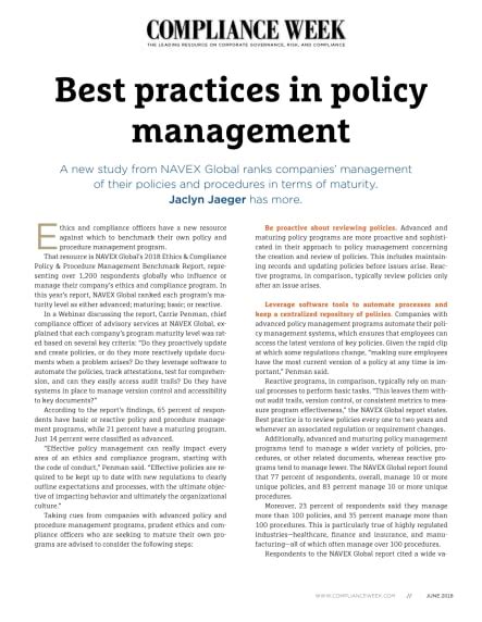 Compliance Week Magazine Best Practices In Policy Management NAVEX