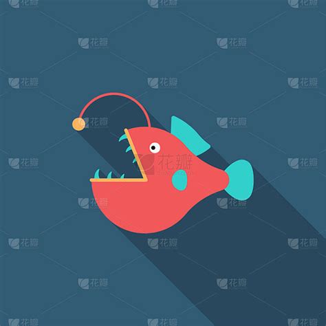 灯笼鱼，琵琶鱼矢量图标平面设计，长阴影